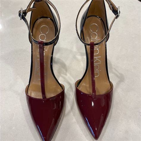 Calvin Klein Burgundy And Black Patent Leather T Strap Shoe With 4 Heel Size 75 T Strap Shoes