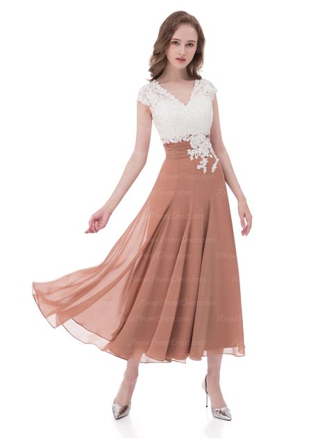Cheap Prom Dresses A Line Tea Length Lace Sexy Prom Dress Chiffon Brid