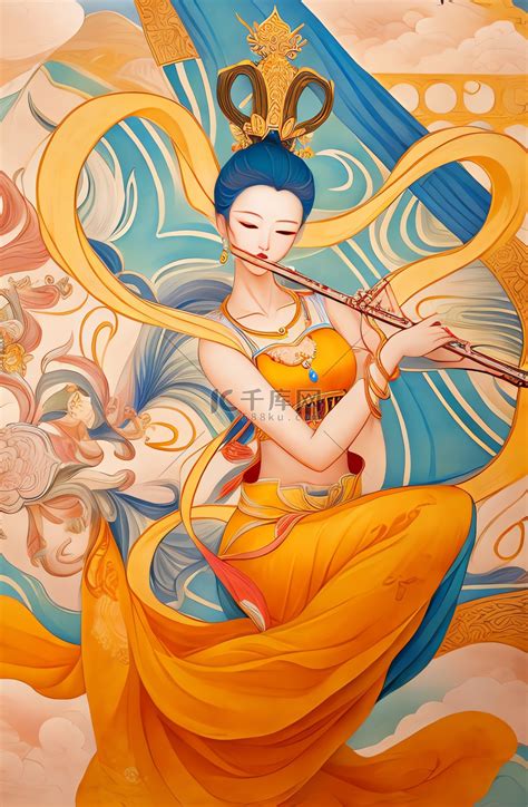 一个敦煌神女飞天吹笛子敦煌中国风壁画背景插画图片 千库网