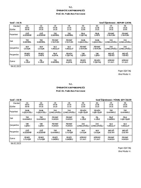 Sinif Ders Program 13 Şubat 2023 Pdf