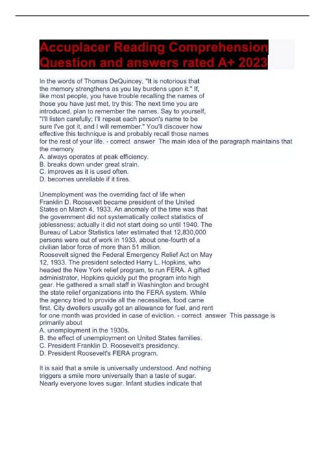 Accuplacer Reading Comprehension Question And Answers Rated A 2023 Accuplacer Reading