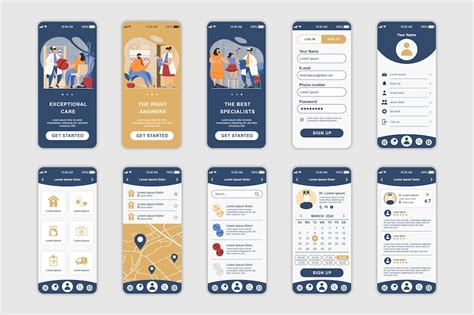 モバイル アプリ テンプレート ui ux gui ユーザー インターフェイス キットの医学概念画面セット プレミアムベクター