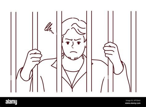 Unhappy Man In Robe Behind Bars In Jail Angry Male Criminal Imprisoned
