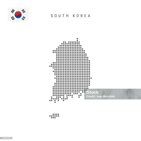 한국의 스퀘어 도트 패턴지도 한국어 는 플래그와 픽셀지도를 점선 벡터 일러스트레이션 가리키기에 대한 스톡 벡터 아트 및 기타
