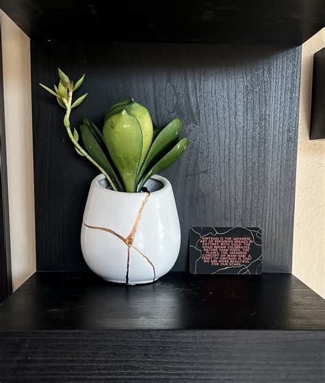 Kintsugi Planter W Artificial Plant White With Gold Repair