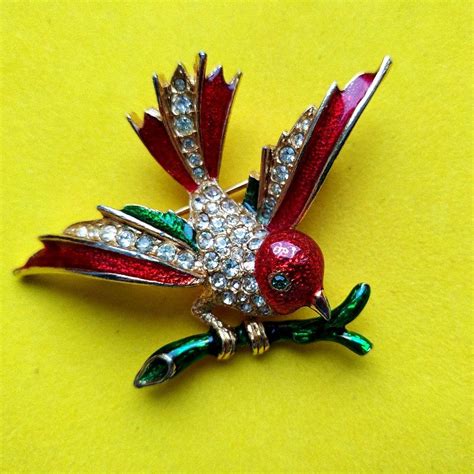 Брошь Птица с красными крыльями горячие эмали кристаллы Sphinx 1960 Великобритания