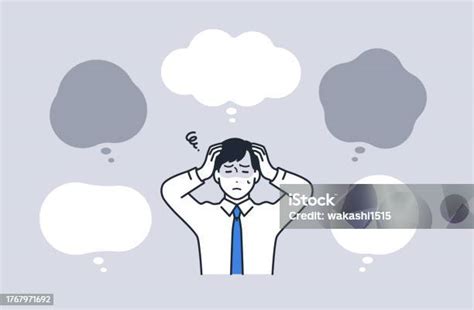 말풍선으로 머리를 잡고 있는 걱정스러운 젊은 사업가의 간단한 벡터 일러스트 레이션 자료 말풍선에 대한 스톡 벡터 아트 및 기타