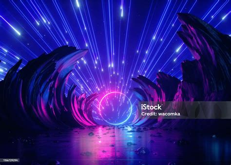 3d 렌더링 우주 풍경에 분홍색 파란색 불꽃 놀이와 추상미래 미래 네온 배경 빛나는 둥근 프레임 자외선 가상 현실 공간 에너지