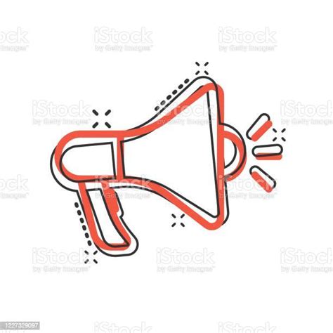만화 스타일의 메가 폰 스피커 아이콘 흰색 고립 된 배경에 불혼 기호 만화 벡터 그림입니다 비명 발표 스플래시 효과 비즈니스 개념 녹음 장비에 대한 스톡 벡터 아트 및 기타