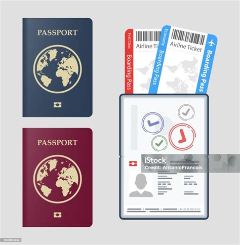 벡터 패스포트 티켓 항공 여행 개념으로 설정 합니다 고립 된 여행자에 대 한 평면 디자인 시민권 Id입니다 블루 국제 문서여권 그림 공란에 대한 스톡 벡터 아트 및 기타
