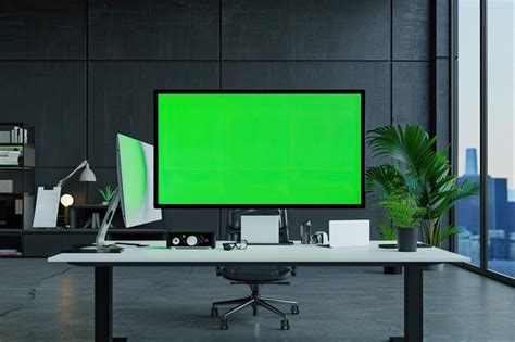 Empty Office With Greenscreen On Display Premium Ai Generated Image