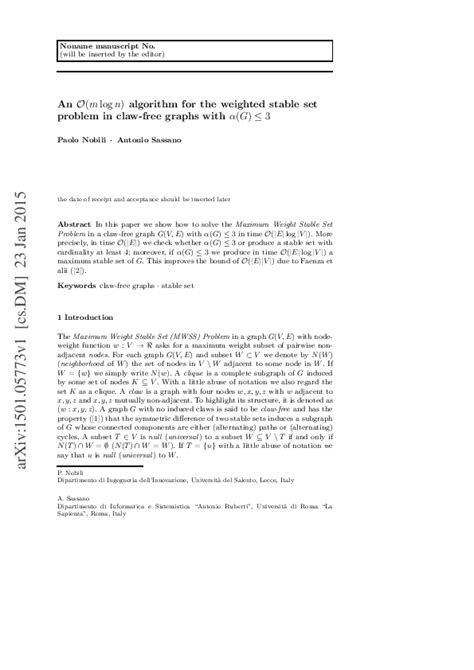 Pdf An Cal O M Log N Algorithm For The Weighted Stable Set