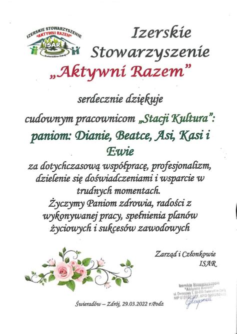 Podziękowania nagrody wyróżnienia Stacja Kultury Serce Miasta