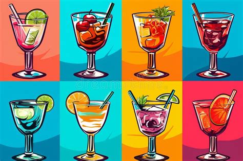 Variety Of Cocktails Pop Art Style Illustration Generative Ai Stock