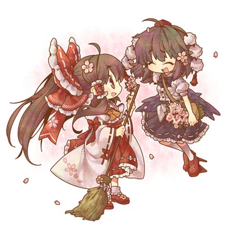 Safebooru 2girls D Ahoge Black Hair Bobby Socks Bow Broom Brown Eyes