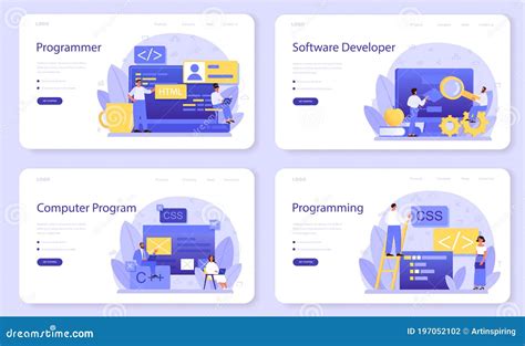 programming web banner or landing page set idea of working stock
