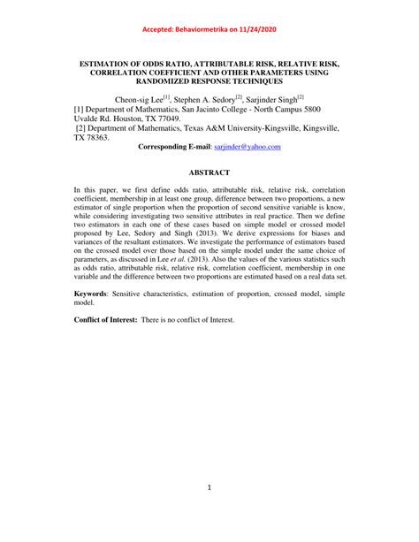 Pdf Estimation Of Odds Ratio Attributable Risk Relative Risk
