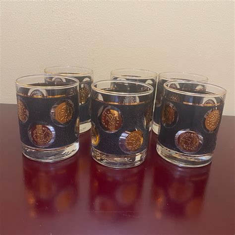 Libbey Kitchen 96s Vintage Mcm Libbey Black Gold Coin Glasses