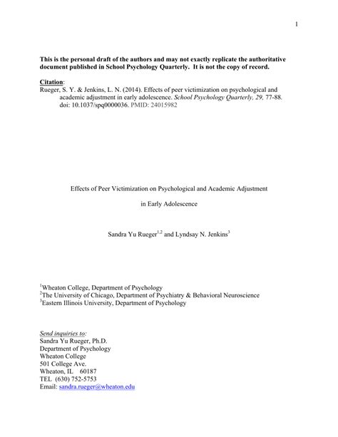 Pdf Effects Of Peer Victimization On Psychological And Academic Adjustment In Early Adolescence