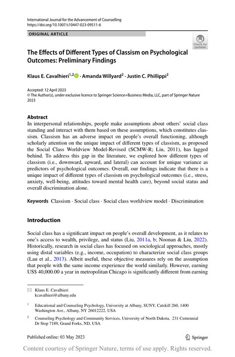The Effects Of Different Types Of Classism On Psychological Outcomes Preliminary Findings