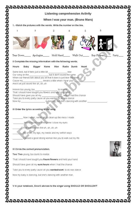 When I Was Your Man Bruno Mars ESL Worksheet By M