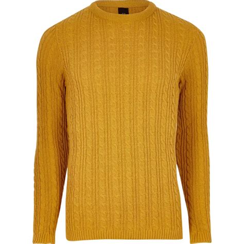 Mustard Yellow Cable Knit Muscle Fit Sweater Sweaters Sweaters
