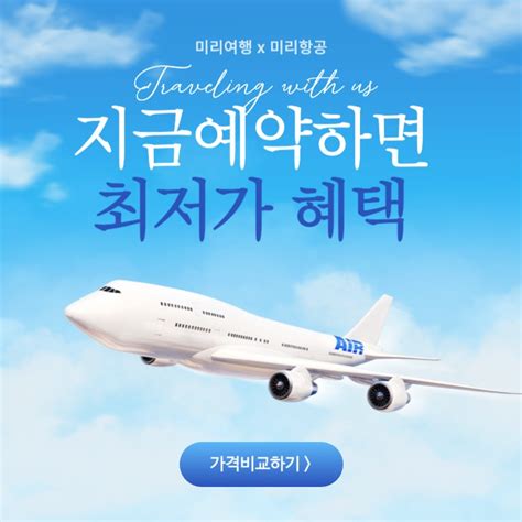하늘색과 흰색의 심플한 여행 최저가 혜택 광고 미리캔버스