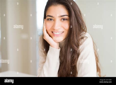 Beautiful Brunette Woman Smiling Cheerful With Big Smile Looking