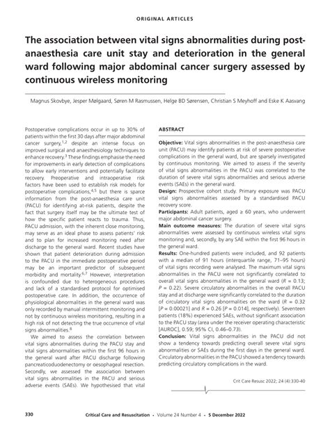 Pdf The Association Between Vital Signs Abnormalities During Post