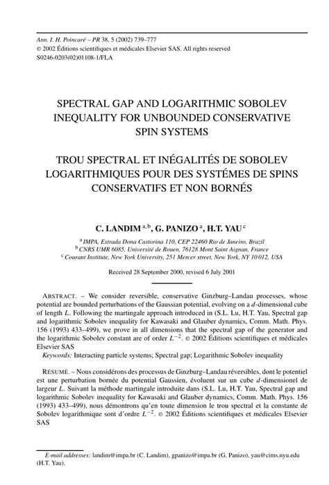 Pdf Spectral Gap And Logarithmic Sobolev Inequality For Unbounded Conservative Spin Systems