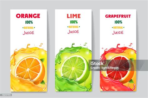감귤 류 과일 주스와 함께 배너 하 고 많아요 자 몽 라임과 오렌지 음료 패키지 디자인 주스에 대한 스톡 벡터 아트 및 기타