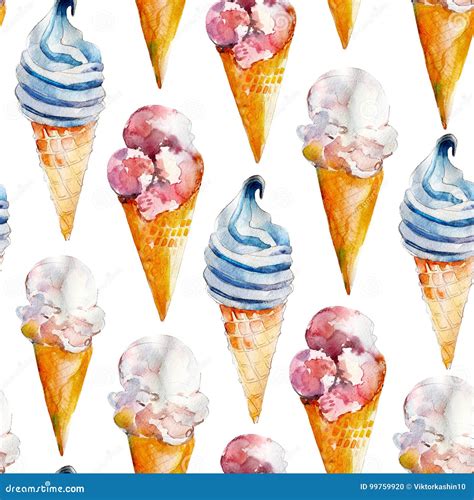 Ice Cream Seamless Pattern Hand Drawn Watercolor Background Stock