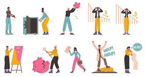 파산한 캐릭터 사업이 무너졌습니다 슬픈 우울한 사람들은 돈을 잃었습니다 재정적 감소 현금 직불 카드와 신용 카드 간의 불일치 사업가 실패 가난한 사람 벡터 세트 사람들에