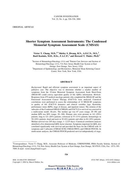 Pdf Shorter Symptom Assessment Instruments The Condensed Memorial