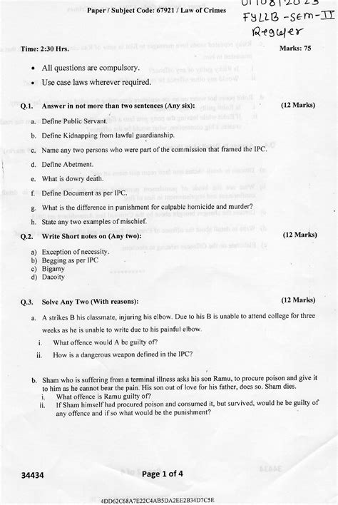 law of crimes time 2 30 hrs paper subjectcode 67921 law°fcrfmes