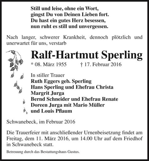 Traueranzeigen Von Ralf Hartmut Sperling Abschied Nehmen De