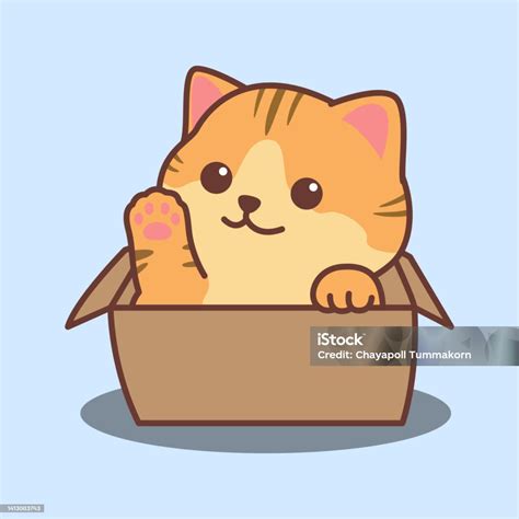 상자 만화에서 발을 흔드는 귀여운 오렌지 고양이 벡터 일러스트레이션 가축에 대한 스톡 벡터 아트 및 기타 이미지 가축 갈색