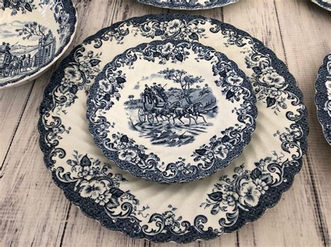 Vintage Blue And White Ironstone Dinnerware Set Johnson Etsy
