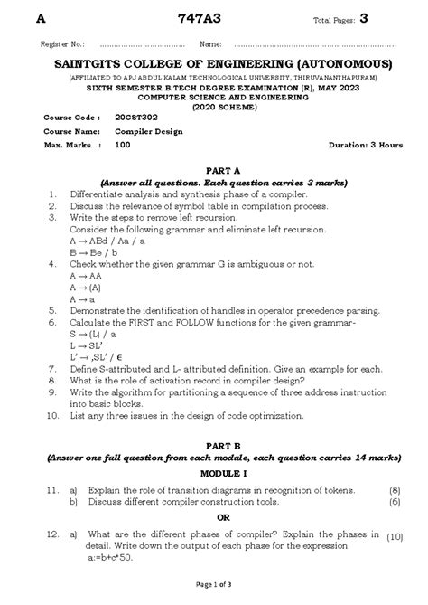 compiler design b tech cs s6 may 2023 a 747a3 total pages 3 page 1