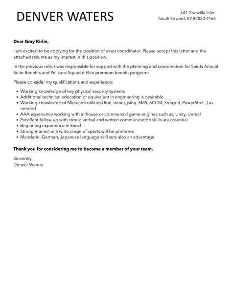 Asset Coordinator Cover Letter Velvet Jobs