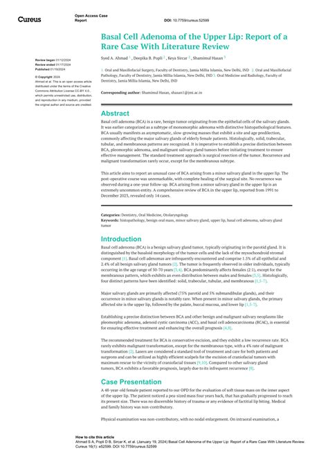 Pdf Basal Cell Adenoma Of The Upper Lip Report Of A Rare Case With