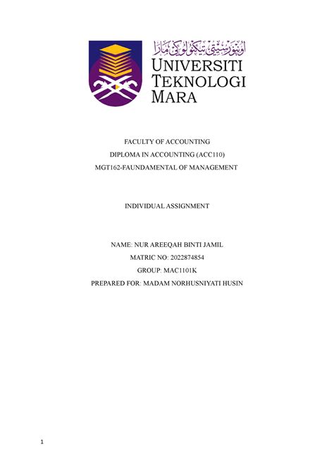Mgt Individual Assighment Faculty Of Accounting Diploma In