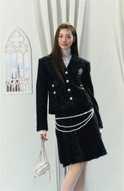 Black Starlight Tweed Blazer And Pleated Midi Skirt Set Laluneduciel