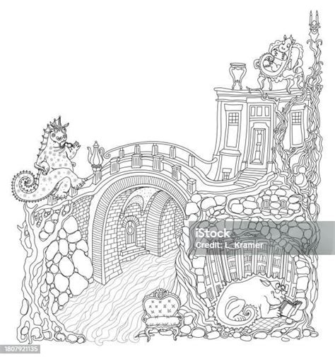 오래된 중세 마을에 위치한 동화 드래곤 아파트 성인 색칠 공부 페이지 0명에 대한 스톡 벡터 아트 및 기타 이미지 0명