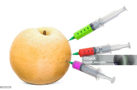 화학 물질의 전체 주사기와 중국 배 나시 유전자 식품 수정 개념 흰색 배경에서 격리된 3d 렌더링 0명에 대한 스톡 사진 및 기타 이미지 Istock