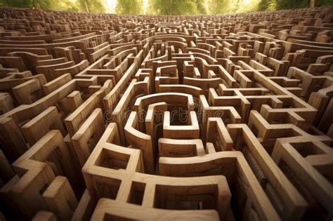 Intricate Wooden Maze Captured From An Elevated Perspective Showcasing A Labyrinth Design Stock