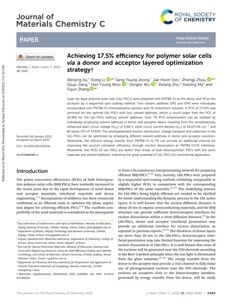 Pdf Achieving 17 5 Efficiency Of Polymer Solar Cells Via Donor And