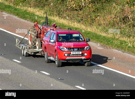 2009 Red Mitsubishi L200 Warrior Di D Towing Tractor On Trailer Uk