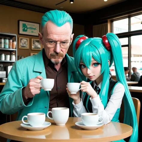 Hatsune Miku And Walter White Drinking Tea In A Coff