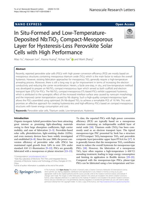 Pdf In Situ Formed And Low Temperature Deposited Nb Tio2 Compact Mesoporous Layer For